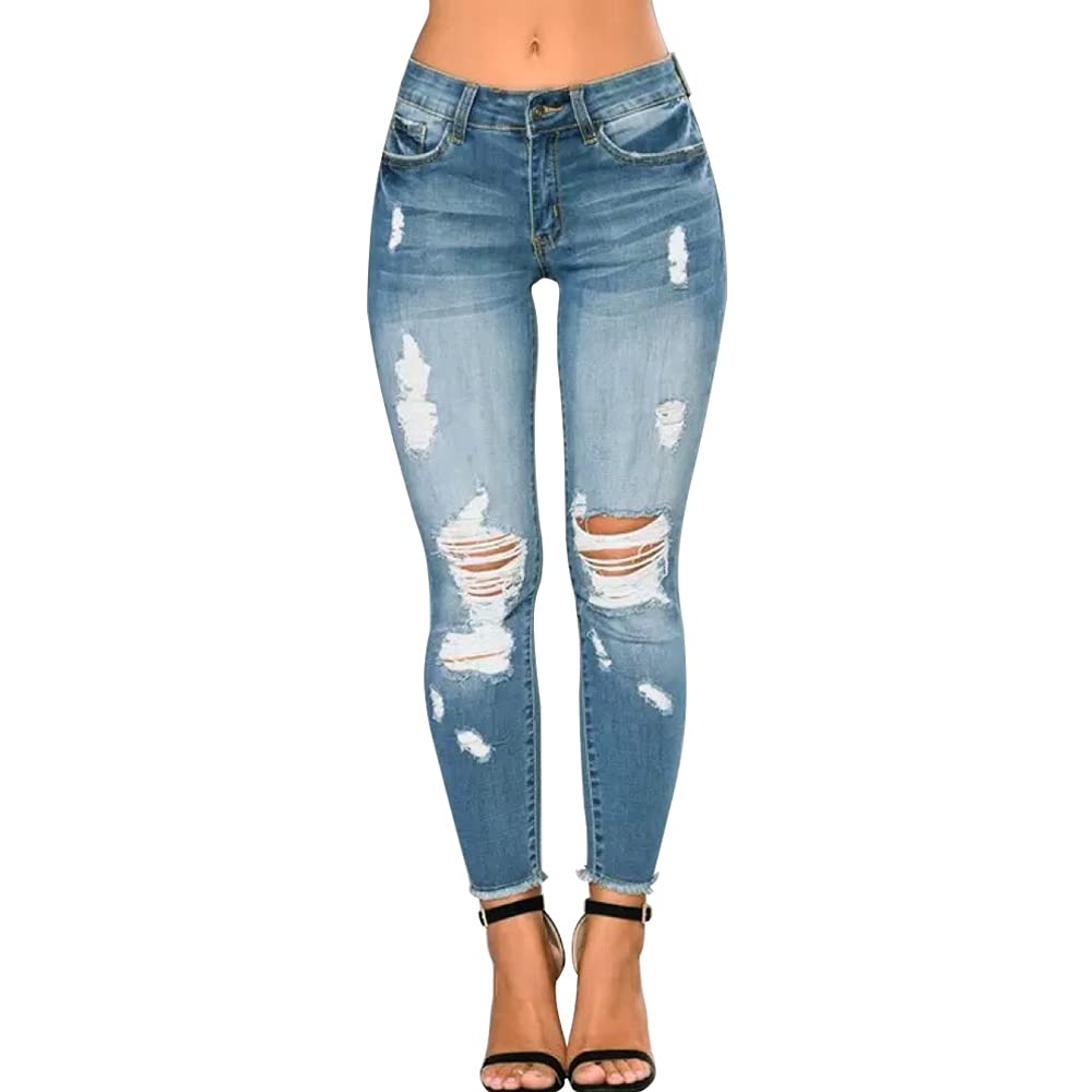 CME SHOWU Women Skinny Ripped Jeans Stretch Distressed Destroyed Denim Pants(Light Blue,L)