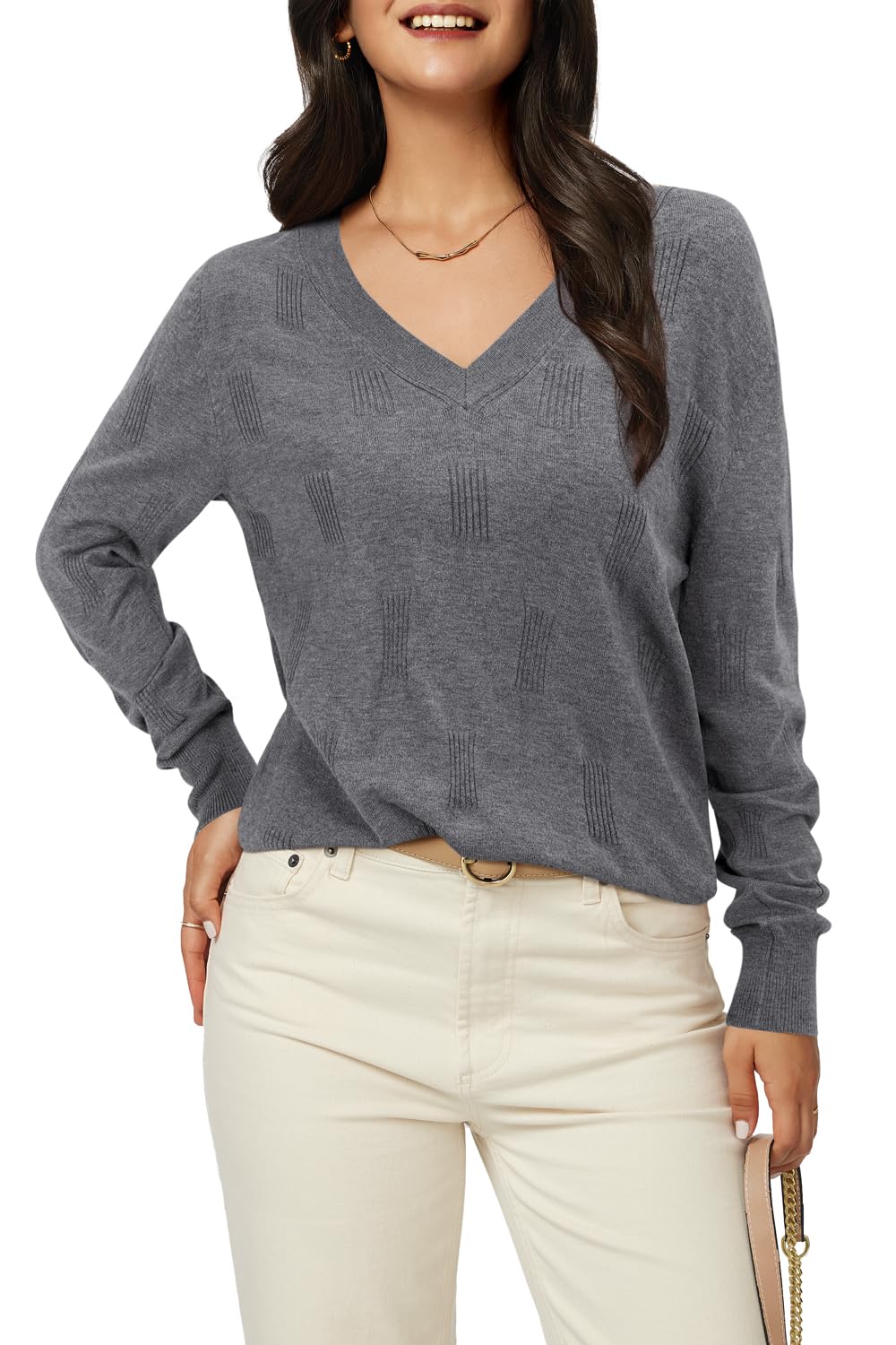 Arach&Cloz Women's Spring Top 2025 Fashion V Neck Sweater Long Sleeve Shirt Business Casual Outfit Trendy Knit Blouse Clothes Plus Size Pullover Grey M