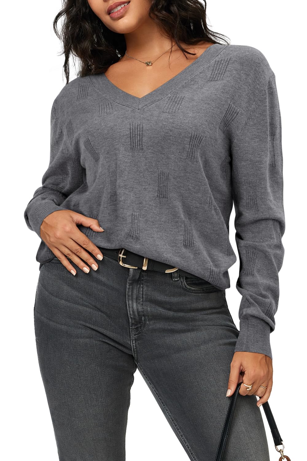 Arach&Cloz Women's Spring Top 2025 Fashion V Neck Sweater Long Sleeve Shirt Business Casual Outfit Trendy Knit Blouse Clothes Plus Size Pullover Grey M