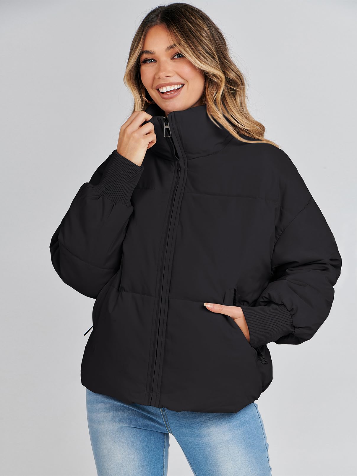 MEROKEETY Women's 2025 Winter Long Sleeve Zip Puffer Jacket Pockets Baggy Short Coats, Black, L