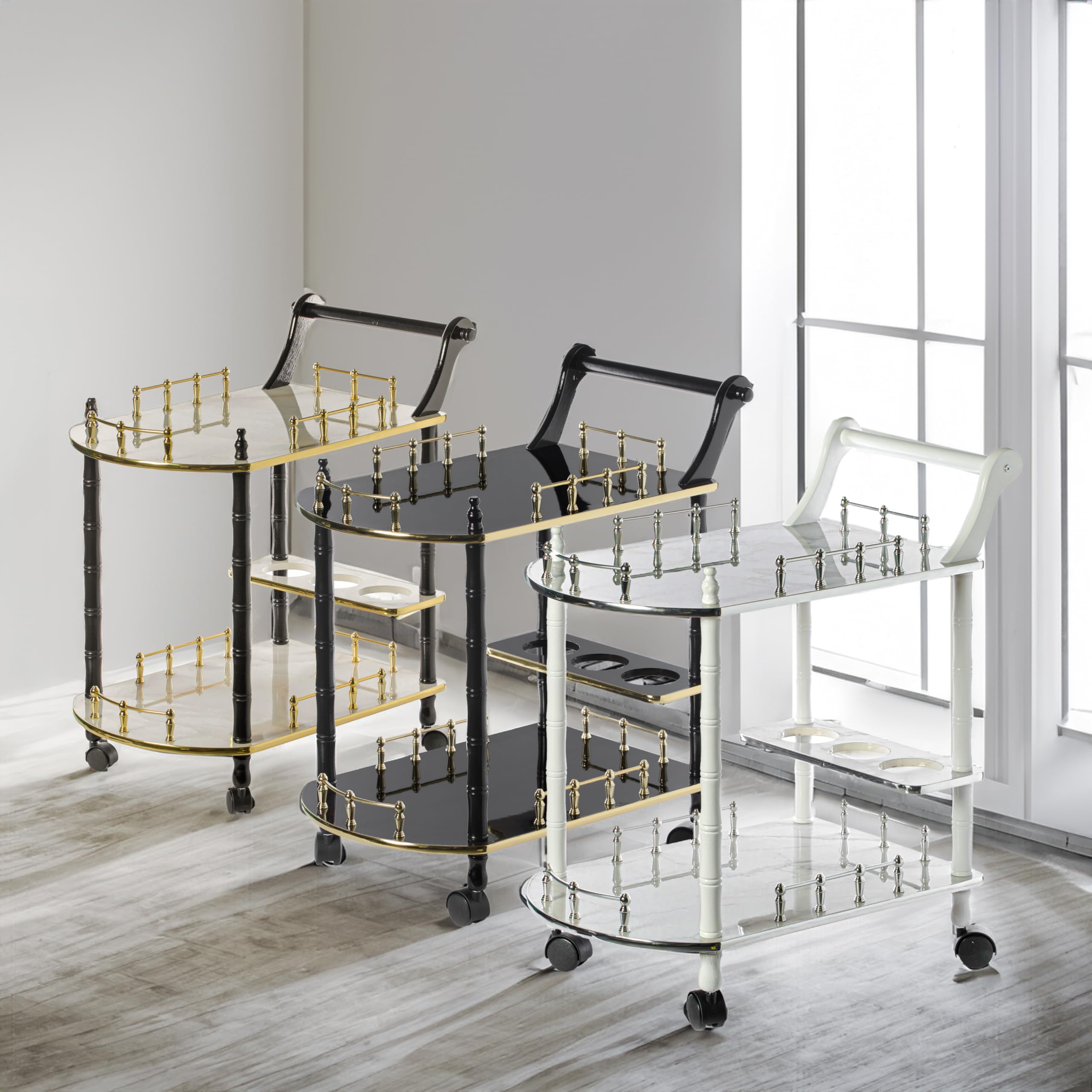 Serving Bar Cart Tea Trolley, 2 Tier Shelves on Rolling Wheels, Mobile Liquor Bar for Wine Beverage Drink Dinner Party, Utility Kitchen Storage Island Coffee Cabinet for Dining Living Room, Wood Brown