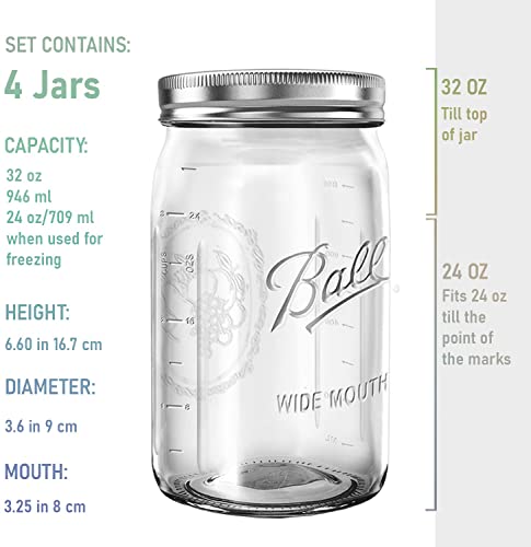 Mason Jars Wide Mouth 32 oz Bundle with Non Slip Jar Opener brand BHL Jars - Set of 4 Quart Size Mason Jars - Canning Glass Jars with Lids