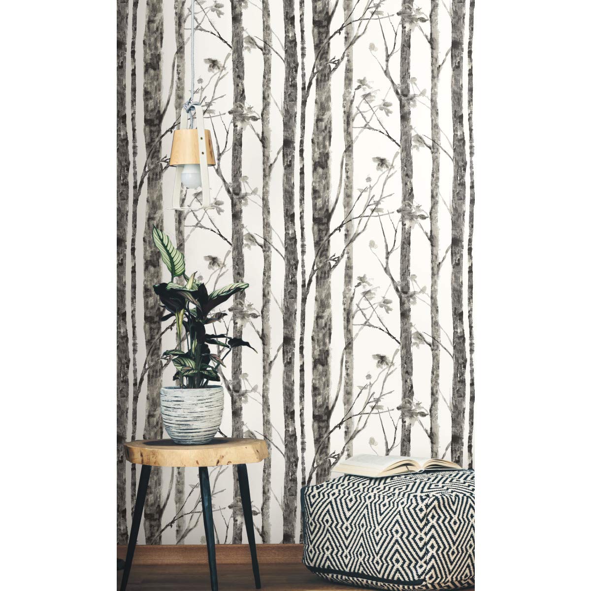 RoomMates RMK11728WP Birch Trees Gray Peel and Stick Wallpaper, White/Grey
