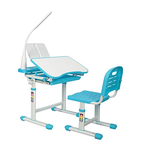 Gowxil Kids Study Desk and Chair Set, Multi Functional Height Adjustable Children School Study Desk with Tilt Desktop, Bookstand, LED Light, Metal Hook and Storage Drawer for Boys Girls, Blue