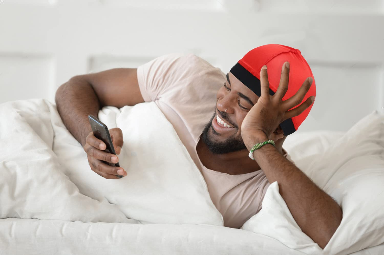 2PCS Silky Stocking Wave Cap for Men, Good Compression Over Durag (Red+Black)