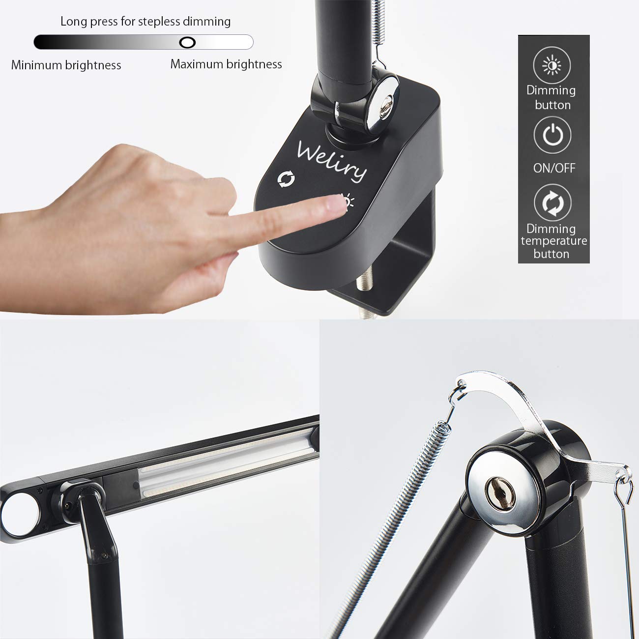 Weliry LED Desk Lamp Architect Task Lamp LED Clamp Table Lamp Eye Caring Dimmable Lamps 5 Color Modes 4 Brightness Levels(Touch Control Angle Adjustment Great for Study Reading Work Task/Office)