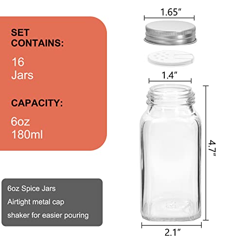 16 Pack 6 oz Glass Spice Jars with 80 Black Labels,180ml Empty Square Spice Containers Seasoning Bottles with Silver Caps and Shaker Lids for Kitchen Storage(Chalk Marker,Funnel and Brush include)