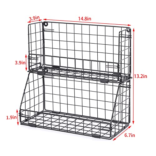 Stackable Cup Lid Dispenser and Coffee Condiment Organizer with 2 Removable Dividers, Wall Mount&Metal Wire Basket Storage for Coffee Tea Bag Snack,Stand Rack Holder for Breakroom Office