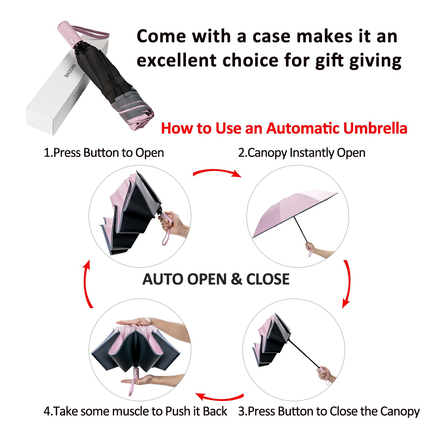 BAODINI Inverted UV Protection Umbrella for Rain and Sun Medium Size 46 inch arc Canopy UPF 50+ Rverse Compact Umbrella Auto Open Close for Travel