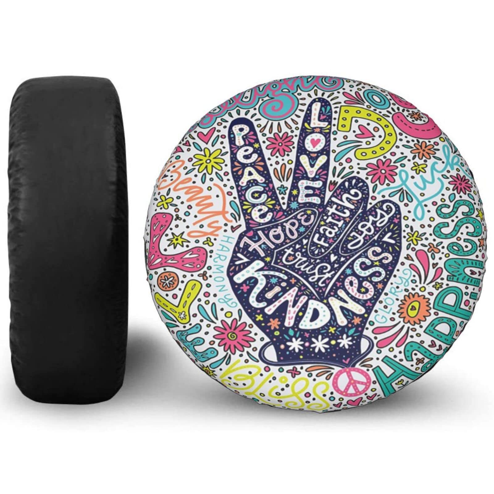 KiuLoam Floral Peace Sign Gesture Spare Tire Cover Polyester Universal Sunscreen Waterproof Wheel Covers for Trailer RV SUV Truck and Many Vehicles (17" for Diameter 31"-33")