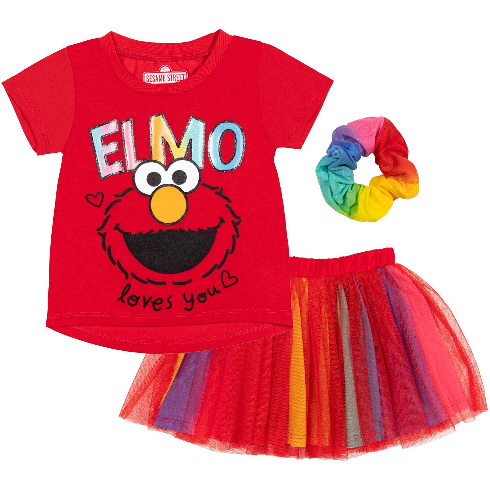 Sesame Street Elmo Toddler Girls Graphic T-Shirt Mesh Skirt and Scrunchie 3 Piece Outfit Set Red/Rainbow 4T