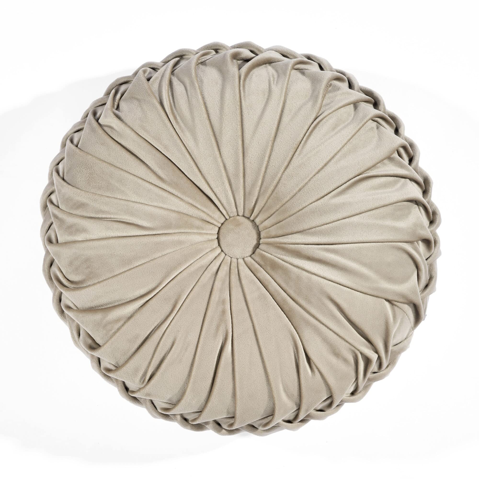 Lush Decor Round Pleated Soft Velvet Decorative Throw Pillow, 1 Count, 15" Diameter, Taupe - Neutral Plush Round Pillow, Seat Cushion, Decorative Pillows For Bed, Couch, Or Chair
