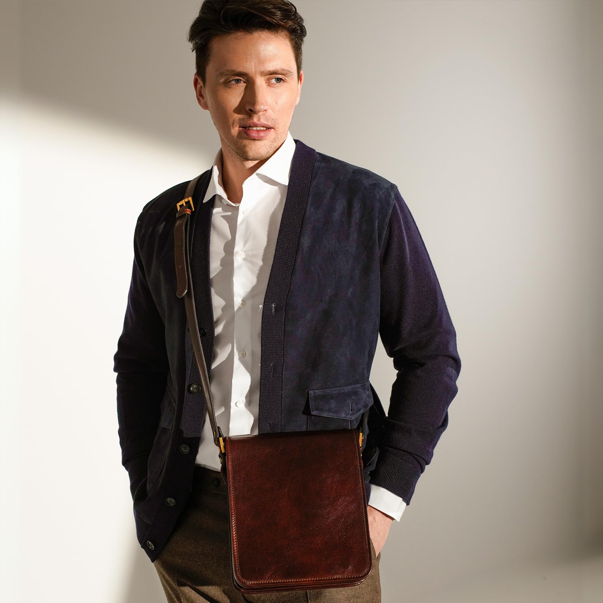 Time Resistance Italian Leather Messenger Bag for Men - Full Grain Crossbody, Tablet-Sized Shoulder Bag (Brown)