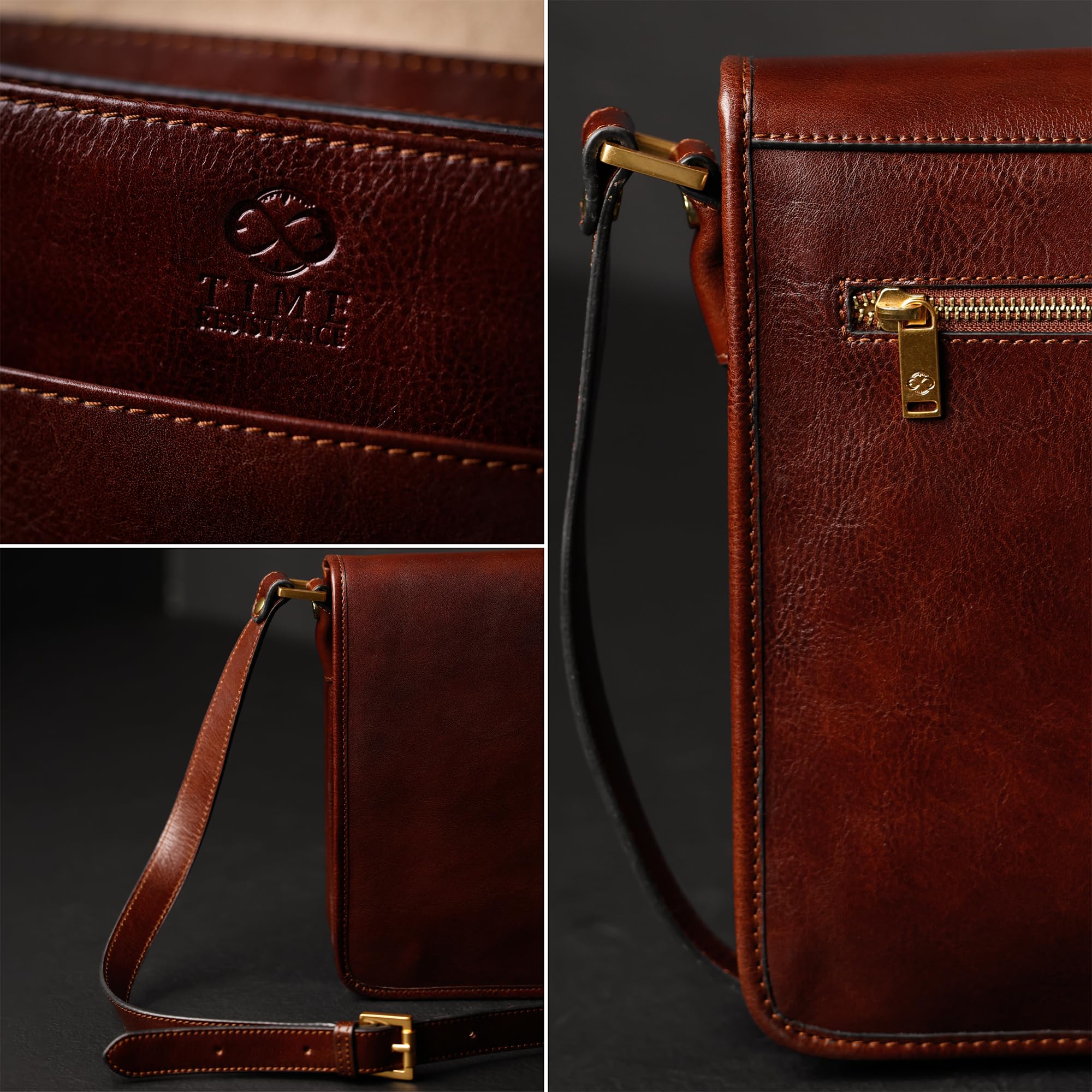 Time Resistance Italian Leather Messenger Bag for Men - Full Grain Crossbody, Tablet-Sized Shoulder Bag (Brown)