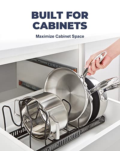 BRONYPRO Expandable Pots and Pans Organizer For Kitchen Cabinet, Rustproof Kitchen Organization And Storage Rack with 12 Slots, Anti-Scratch for Baking Sheet, Pans, Lids, Kitchen Must Have (Black)