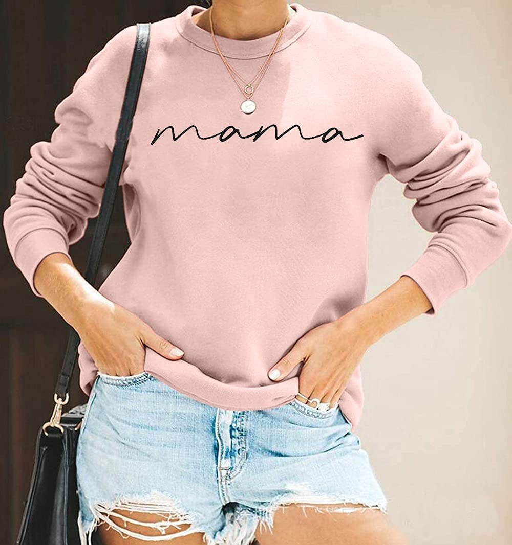 ASTANFY Womens Crewneck Sweatshirt Mama Letter Print Long Sleeve Loose Fashion Pullover Top (Pink, XX-Large)