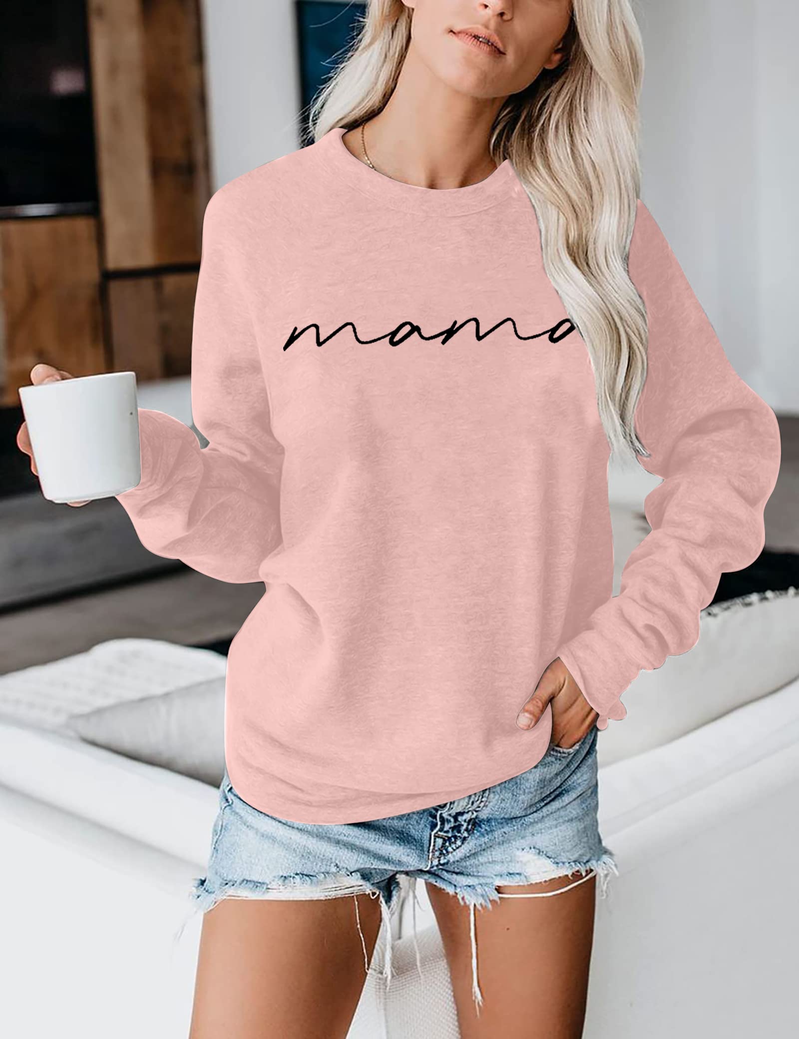 ASTANFY Womens Crewneck Sweatshirt Mama Letter Print Long Sleeve Loose Fashion Pullover Top (Pink, XX-Large)