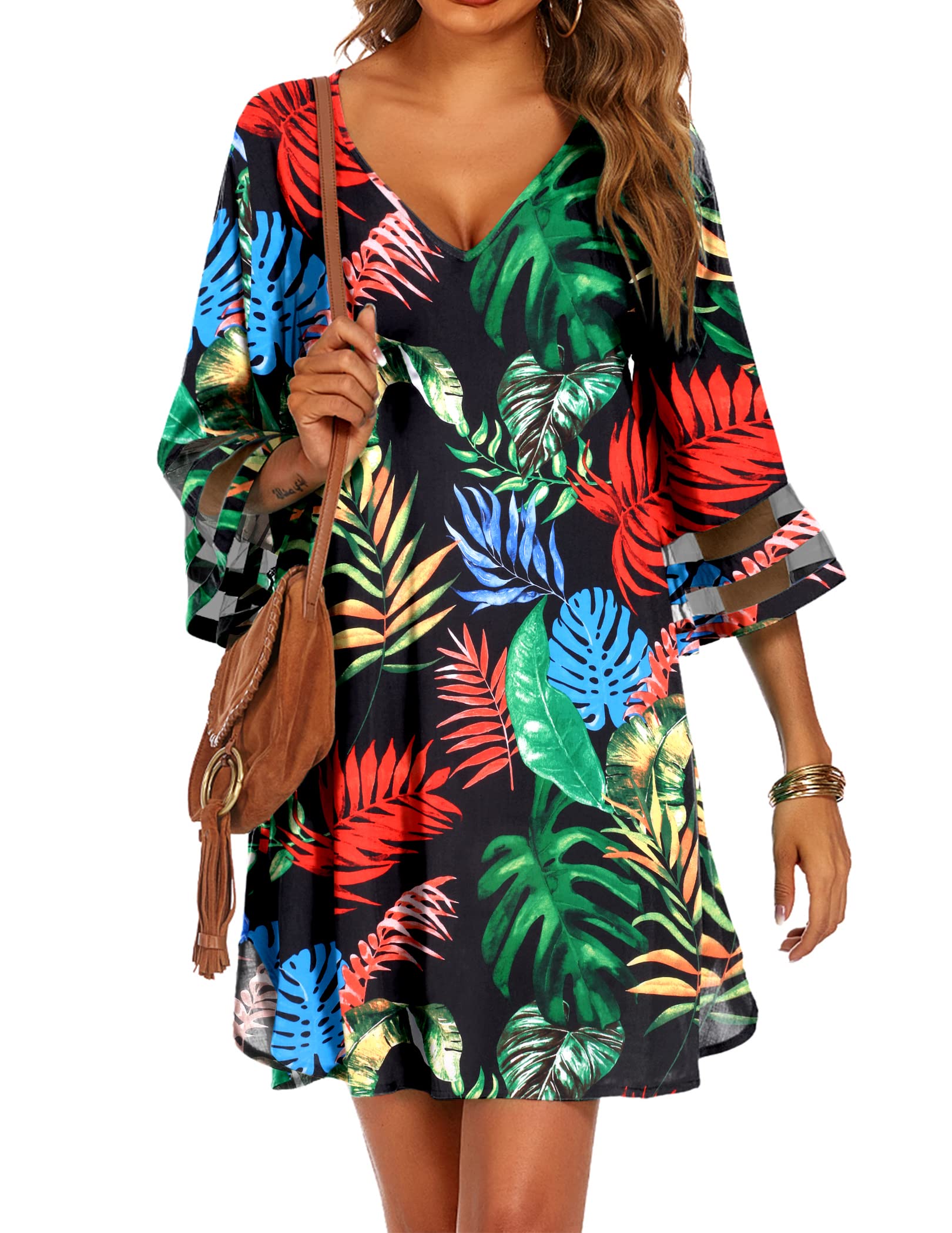 Ekouaer Women's Beach Coverups 3/4 Mesh Sleeve Bathing Suit Cover Ups Hawaiian Print Beach Dress Loose Fit Swimwear Beach Dress