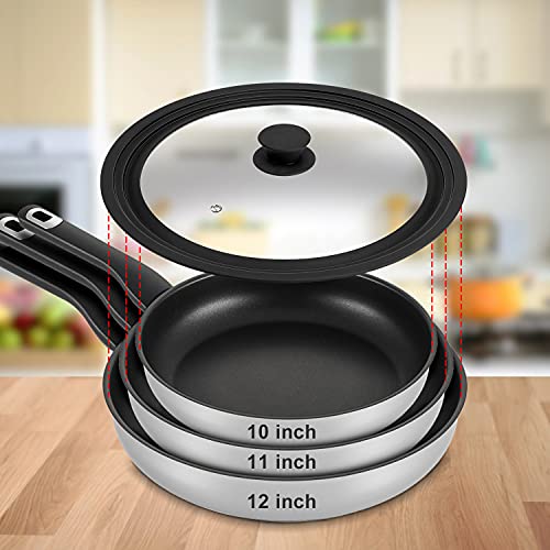 Universal Lid for Pots, Pans and Skillets - Tempered Glass Lid with Heat Resistant Silicone Rim Fits 10" - 12" Diameter Cookware, Replacement Lid for Frying Pan and Cast Iron Skillet(10"11"12")