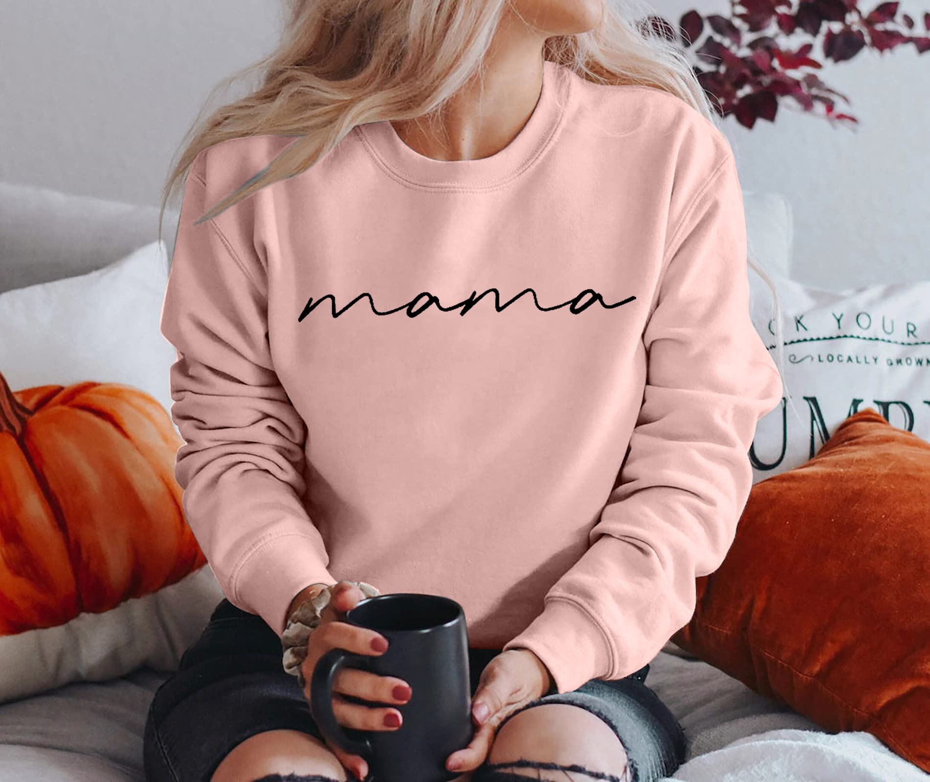 ASTANFY Womens Crewneck Sweatshirt Mama Letter Print Long Sleeve Loose Fashion Pullover Top (Pink, XX-Large)