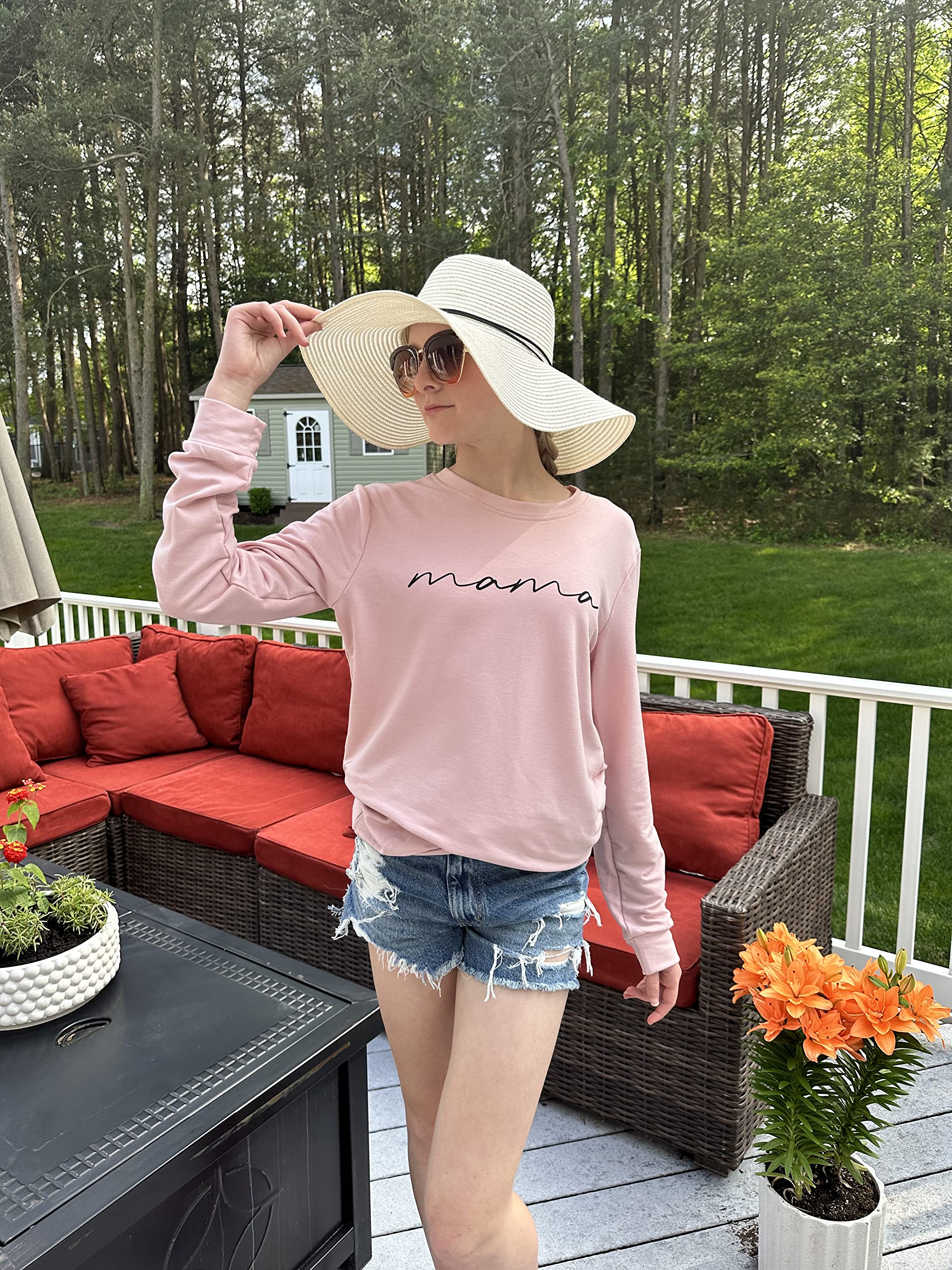 ASTANFY Womens Crewneck Sweatshirt Mama Letter Print Long Sleeve Loose Fashion Pullover Top (Pink, XX-Large)