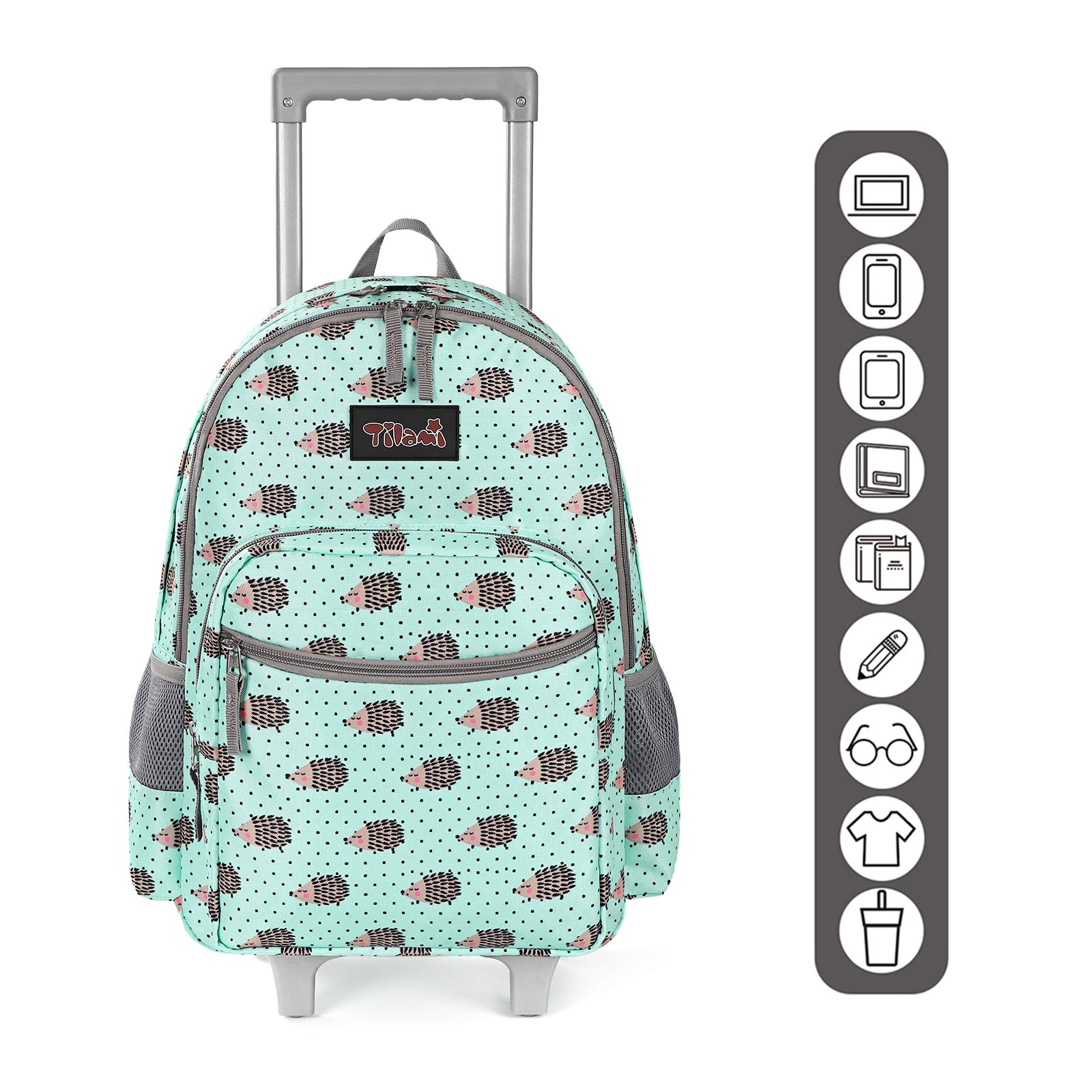 Tilami Rolling Backpack 18 inch Double Handle Wheeled Boys Girls Travel School Children Luggage Toddler Trip, Hedgehog