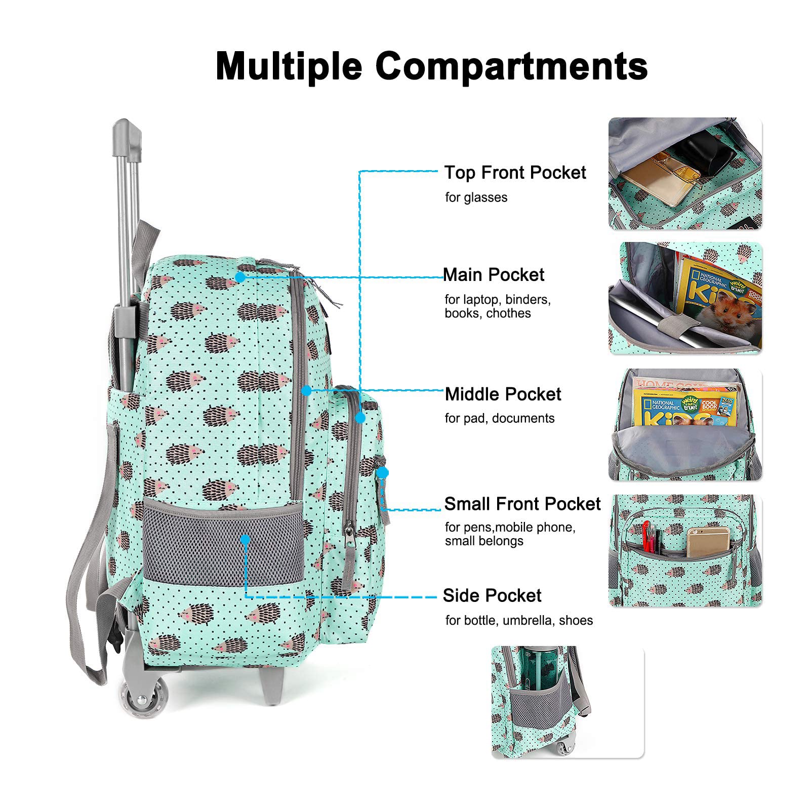 Tilami Rolling Backpack 18 inch Double Handle Wheeled Boys Girls Travel School Children Luggage Toddler Trip, Hedgehog