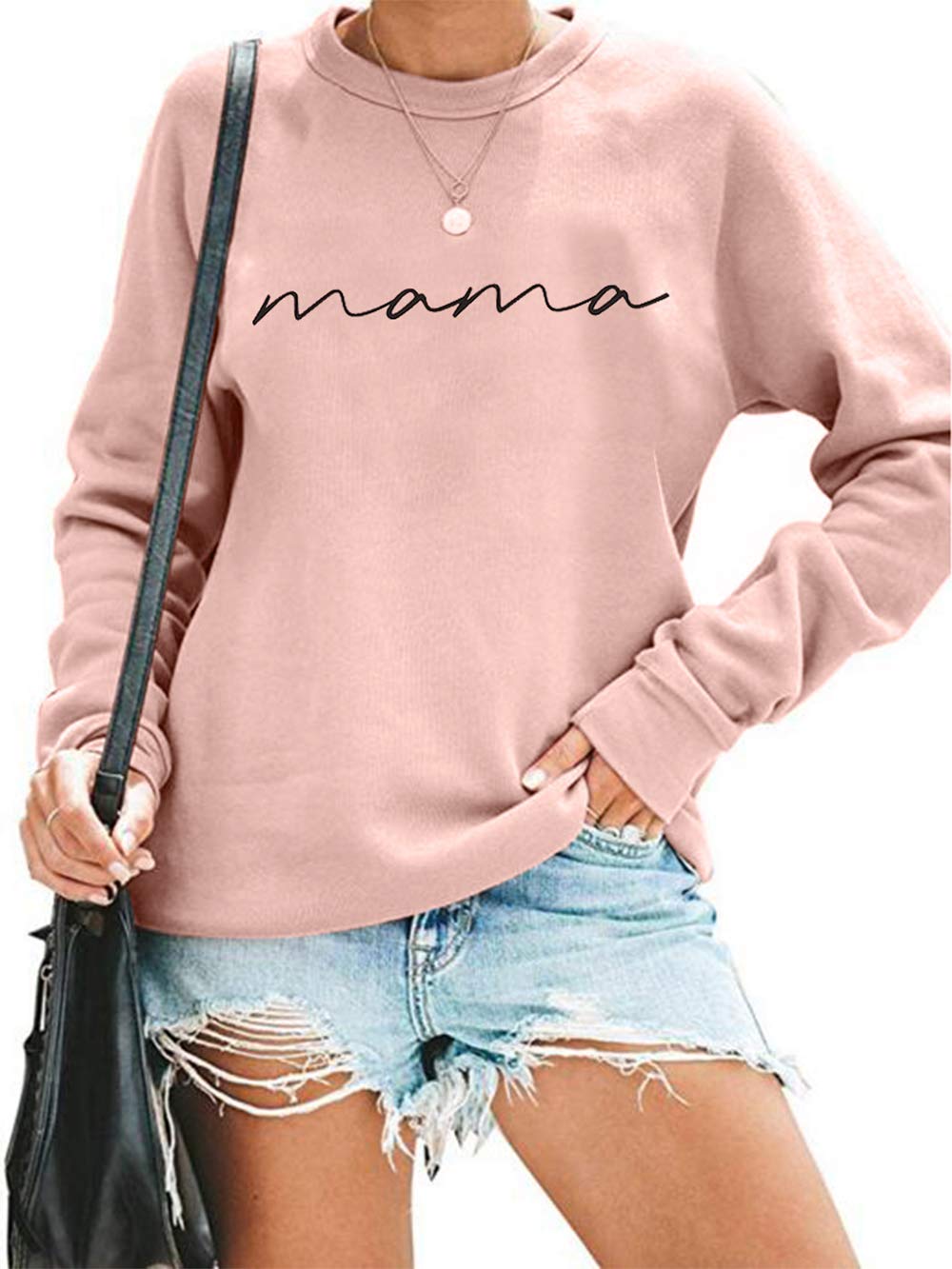 ASTANFY Womens Crewneck Sweatshirt Mama Letter Print Long Sleeve Loose Fashion Pullover Top (Pink, XX-Large)