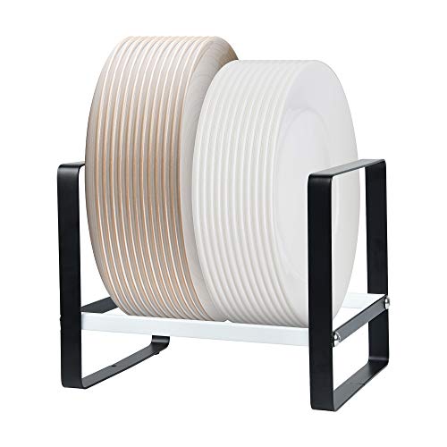 Akamino Large Plate Holders Organizer, Metal Dish Storage Dying Display Rack for Kitchen Cabinet Countertop - Non-Slip & Rustproof(White & Black)