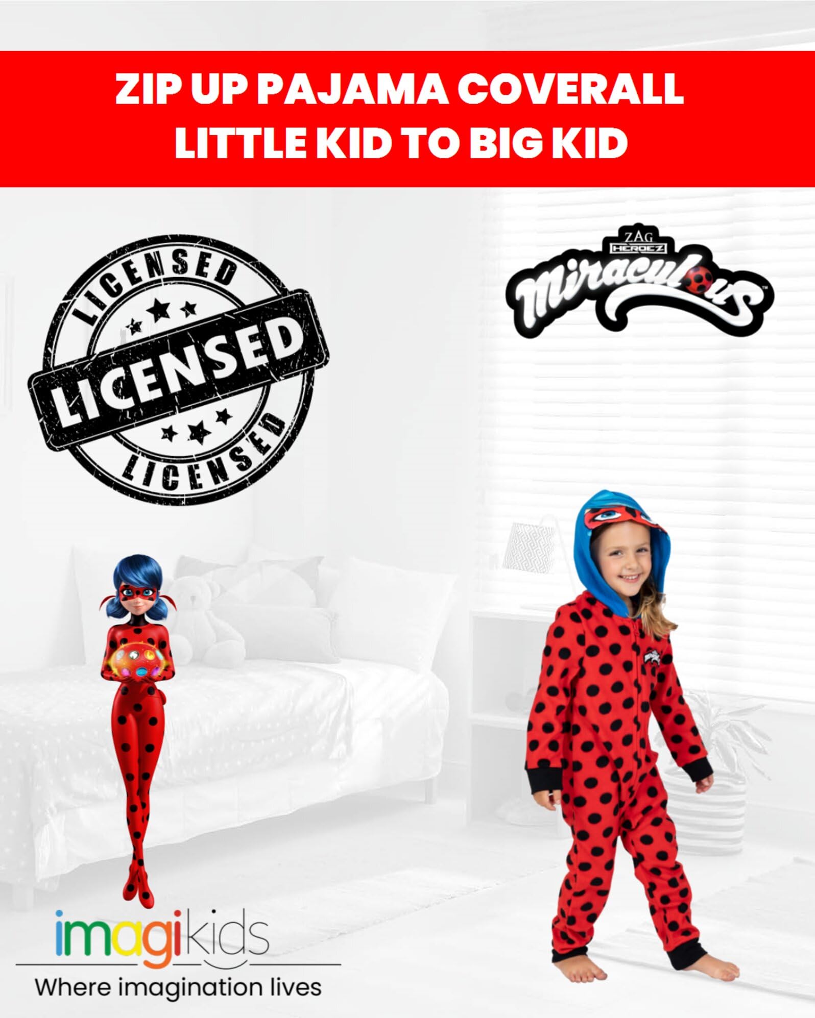 Miraculous Ladybug Big Girls Zip-Up Onesie Pajama Coveralls Red 10-12