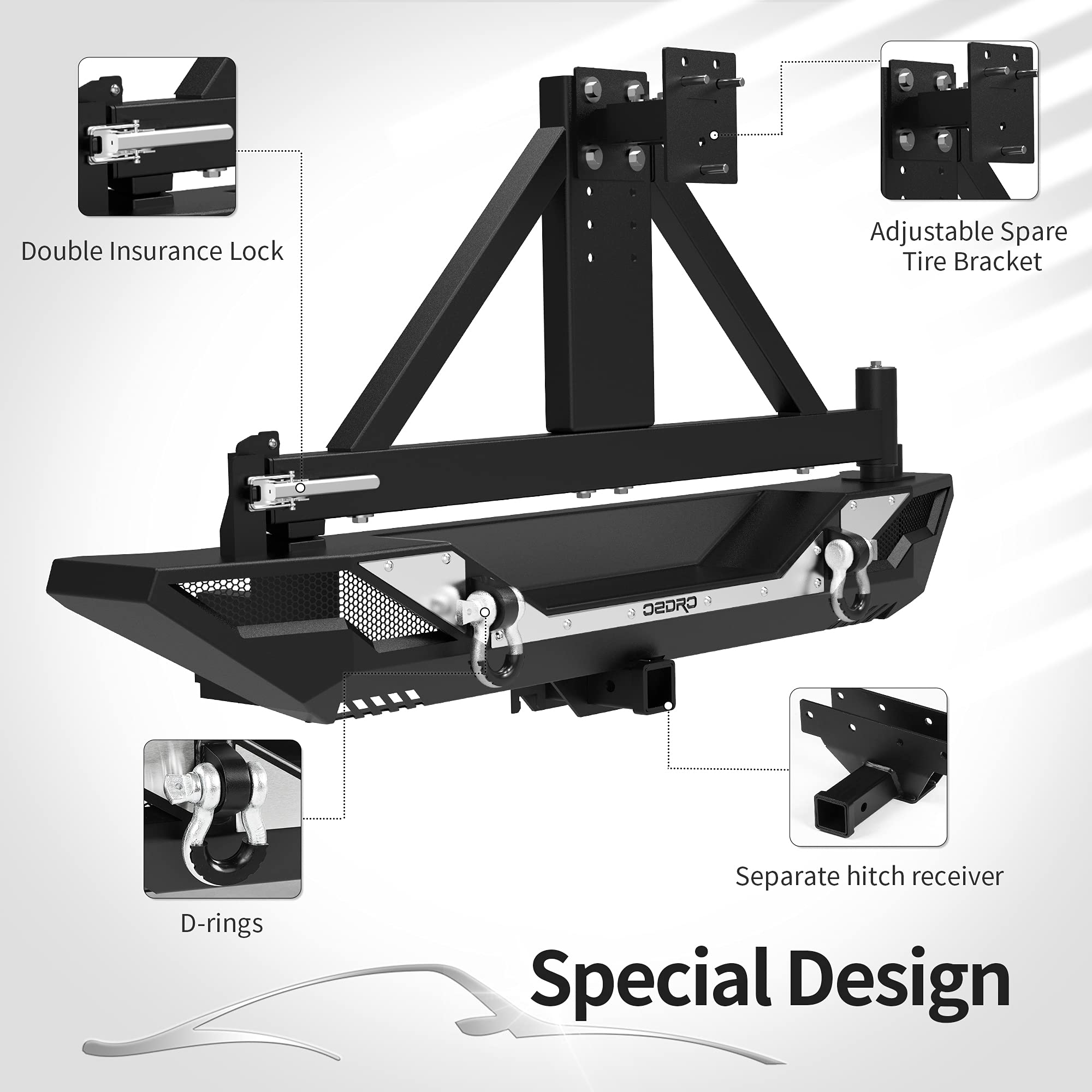 OEDRO Rear Bumper w/Tire Carrier Compatible for 2018-2025 Jeep Wrangler JL & Unlimited JLU (2/4 Doors), Full Width Back Bumper w/Hitch Receiver & D-Rings & Reflective Armor