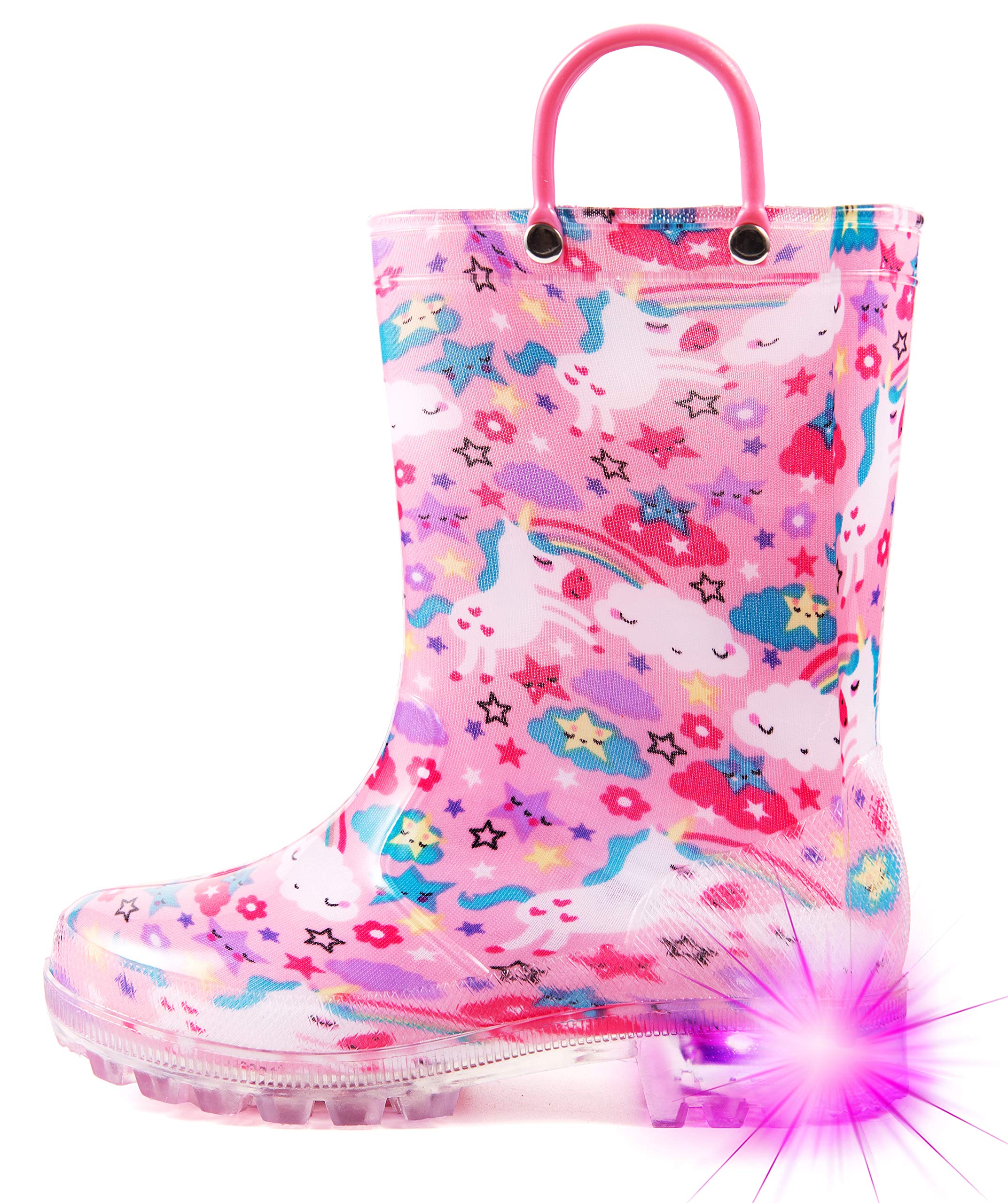 HugRain kids Girls Boys Rain Boots Toddler Light Up Printed Waterproof Shoes Lightweight Adorable Cute Pink Unicorn Rubber with Easy-On Handles and Insole (Size 13,Pink)