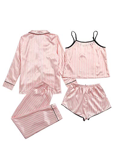 WDIRARA Women's Silk Satin Pajama Set 4 Pieces Sleepwear Loungewear Pj Sets Pink Striped L