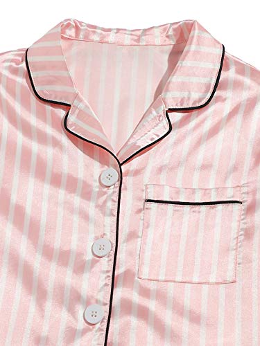 WDIRARA Women's Silk Satin Pajama Set 4 Pieces Sleepwear Loungewear Pj Sets Pink Striped L