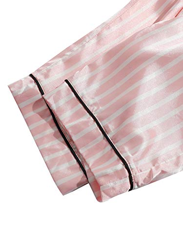 WDIRARA Women's Silk Satin Pajama Set 4 Pieces Sleepwear Loungewear Pj Sets Pink Striped L