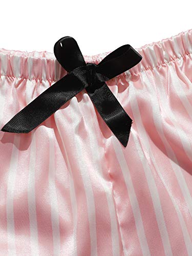 WDIRARA Women's Silk Satin Pajama Set 4 Pieces Sleepwear Loungewear Pj Sets Pink Striped L