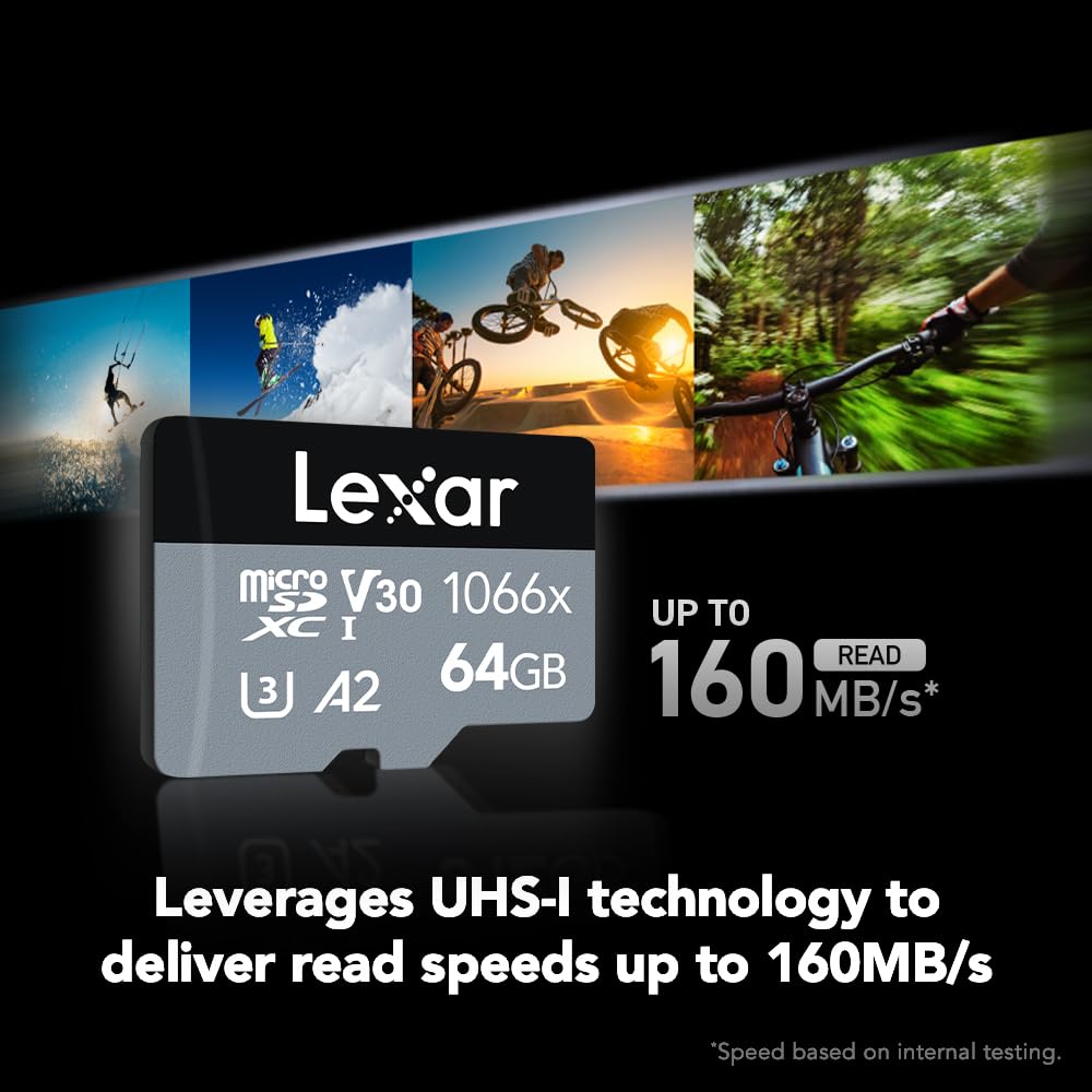 Lexar 64GB Professional 1066x micro SD Card w/ SD Adapter, UHS-I, U3, V30, A2, Full HD, 4K, Up To 160/70 MB/s, for Action Cameras, Drones, Smartphones, Tablets, Nintendo-Switch (LMS1066064G-BNANU)