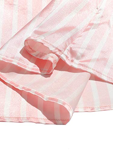 WDIRARA Women's Silk Satin Pajama Set 4 Pieces Sleepwear Loungewear Pj Sets Pink Striped L