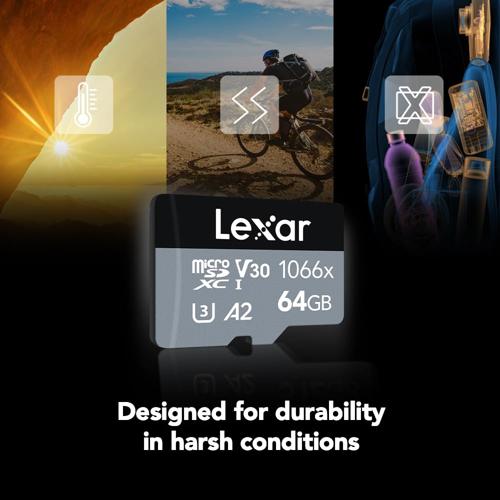 Lexar 64GB Professional 1066x micro SD Card w/ SD Adapter, UHS-I, U3, V30, A2, Full HD, 4K, Up To 160/70 MB/s, for Action Cameras, Drones, Smartphones, Tablets, Nintendo-Switch (LMS1066064G-BNANU)