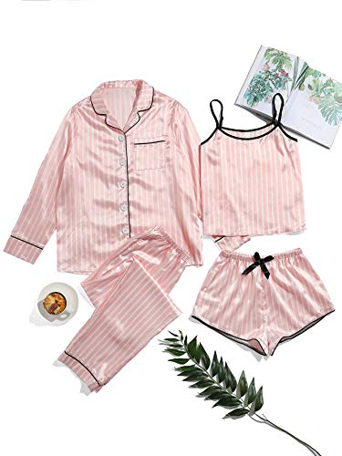 WDIRARA Women's Silk Satin Pajama Set 4 Pieces Sleepwear Loungewear Pj Sets Pink Striped L