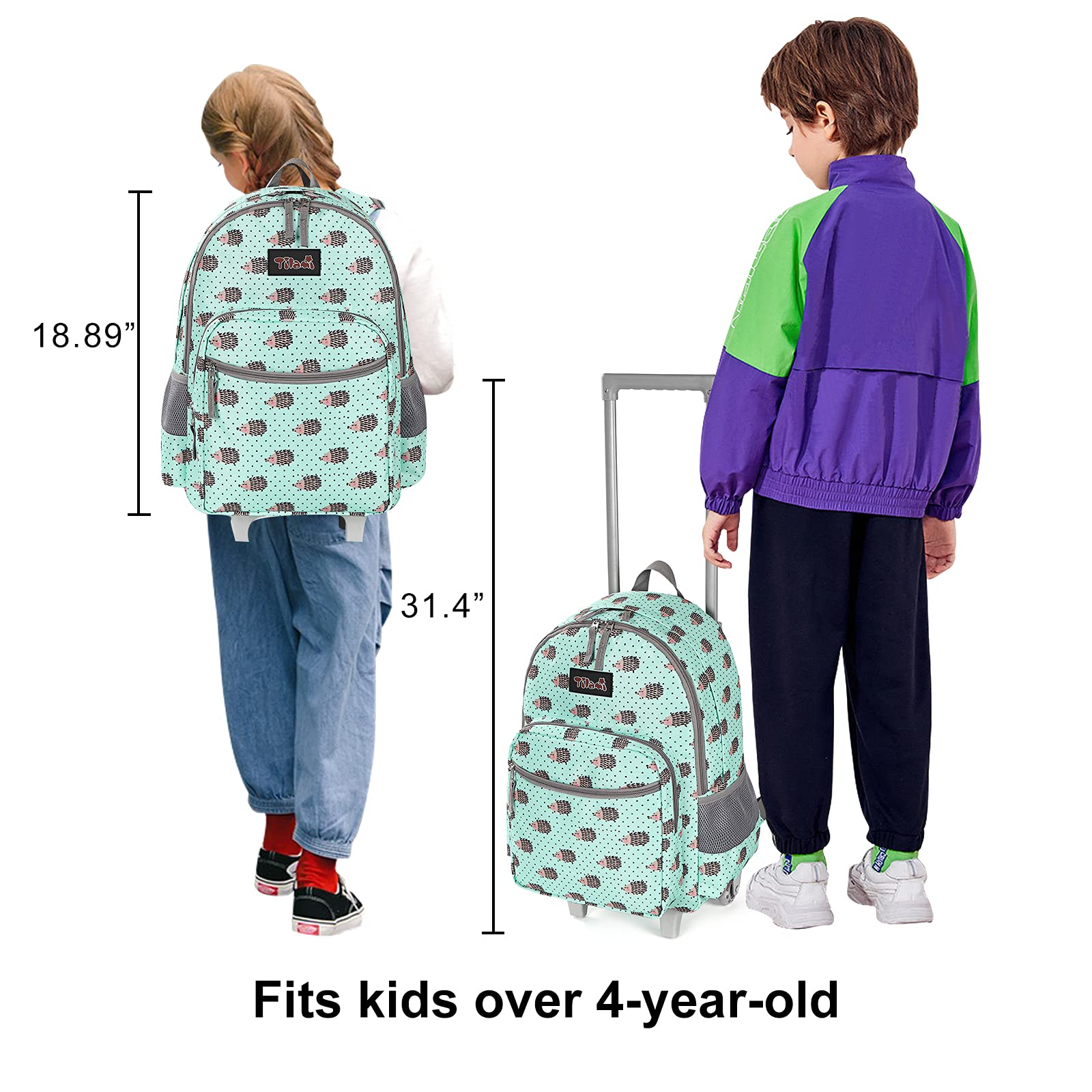 Tilami Rolling Backpack 18 inch Double Handle Wheeled Boys Girls Travel School Children Luggage Toddler Trip, Hedgehog