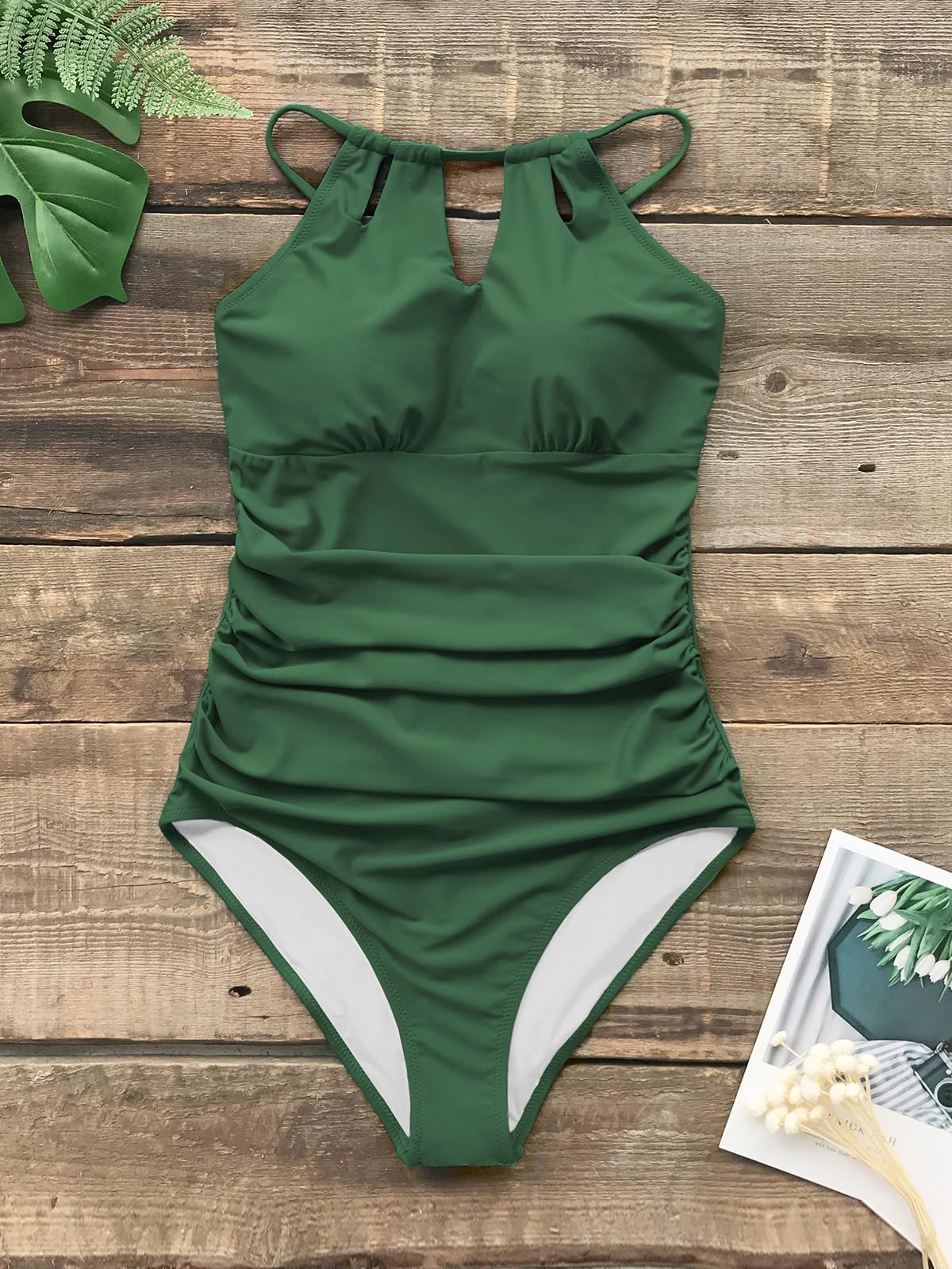 CUPSHE Women's One Piece Swimsuit High Neck Tummy Control Bathing Suit, L Green
