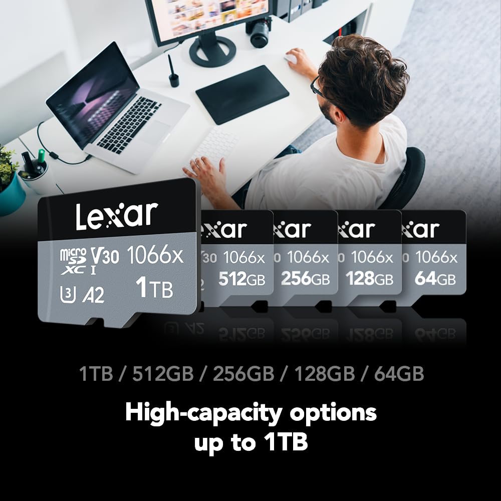 Lexar 64GB Professional 1066x micro SD Card w/ SD Adapter, UHS-I, U3, V30, A2, Full HD, 4K, Up To 160/70 MB/s, for Action Cameras, Drones, Smartphones, Tablets, Nintendo-Switch (LMS1066064G-BNANU)