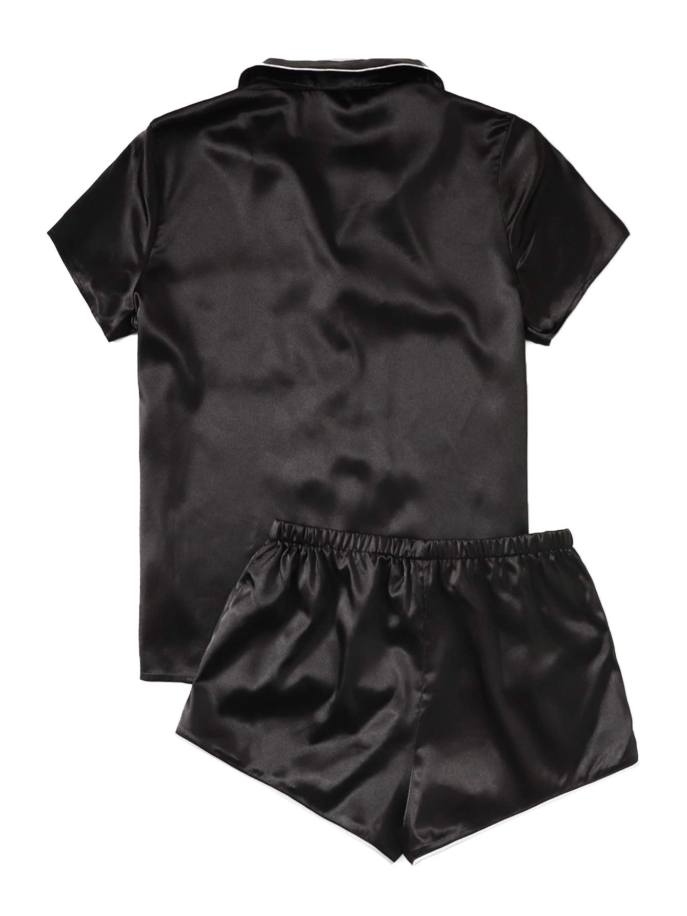 WDIRARA Women's Pajama Sets Satin Short Sleeve Down Shirts and Shorts Sleepwear PJ Set Dull Black Medium