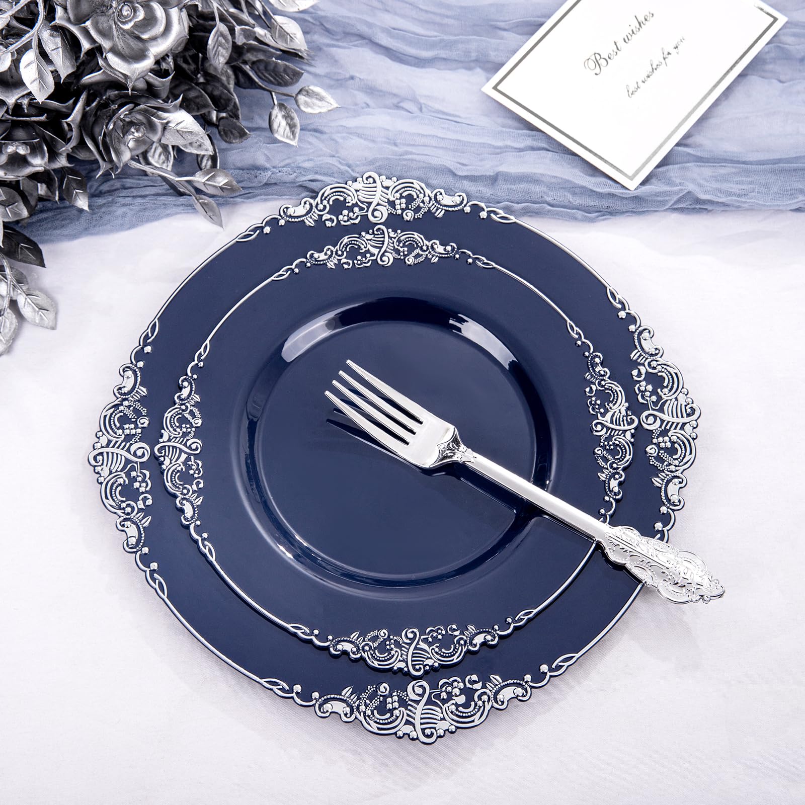 Hioasis 175pcs Blue Plastic Plates - Blue and Silver Plastic Plates Disposable Include 25 Dinner Plates,25 Dessert Plates,25 Knives,25 Forks,25 Spoons,25 Napkins Perfect for Wedding & Parties