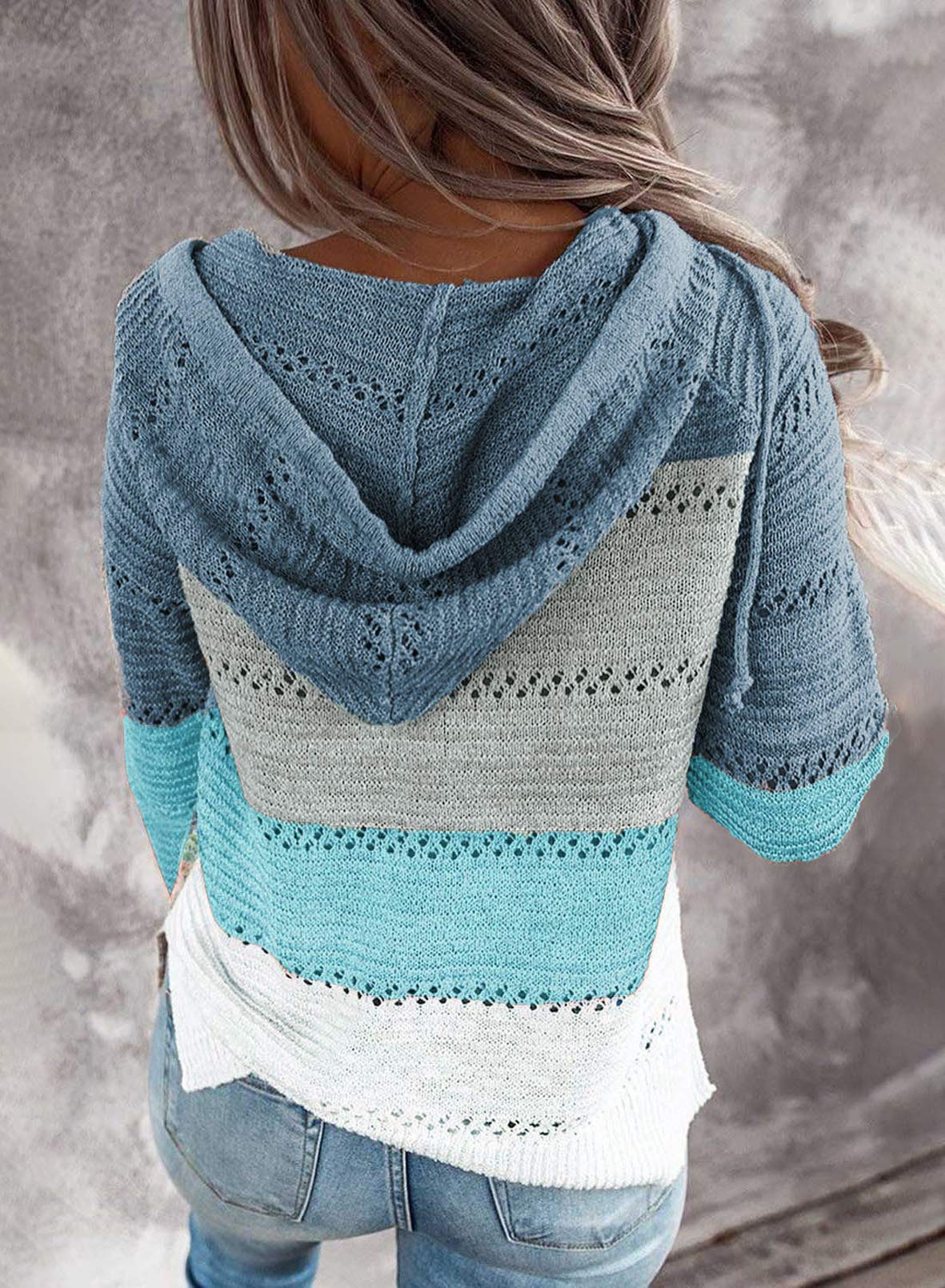 BLENCOT Women's Casual Color Block Hoodies Sweater Long Sleeve Drawstring Pullover Sweatshirts Fashion Knitted Tops Blue M