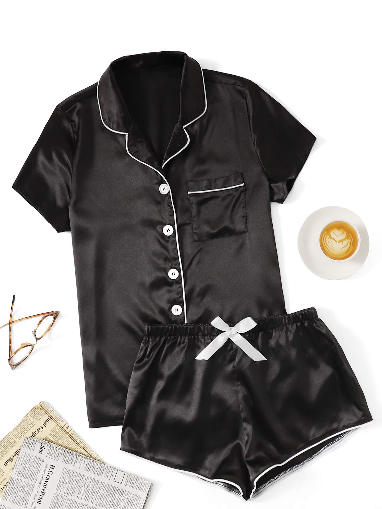 WDIRARA Women's Pajama Sets Satin Short Sleeve Down Shirts and Shorts Sleepwear PJ Set Dull Black Medium