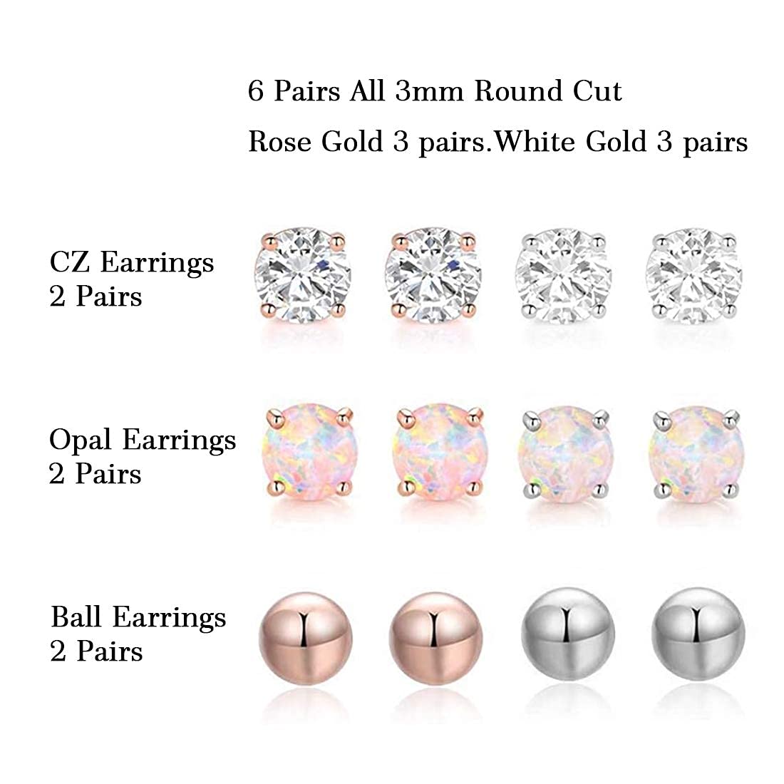 6 Pairs Round Ball Stud Earrings Pack in 18k Rose Gold, White Gold Plated Color with Opal, CZ Stone