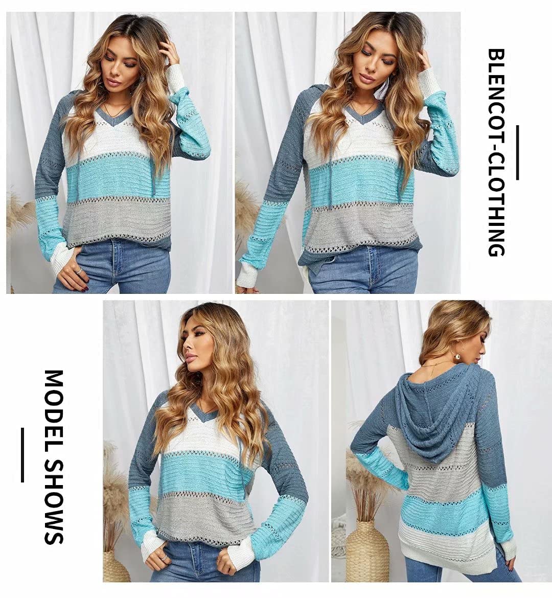 BLENCOT Women's Casual Color Block Hoodies Sweater Long Sleeve Drawstring Pullover Sweatshirts Fashion Knitted Tops Blue M