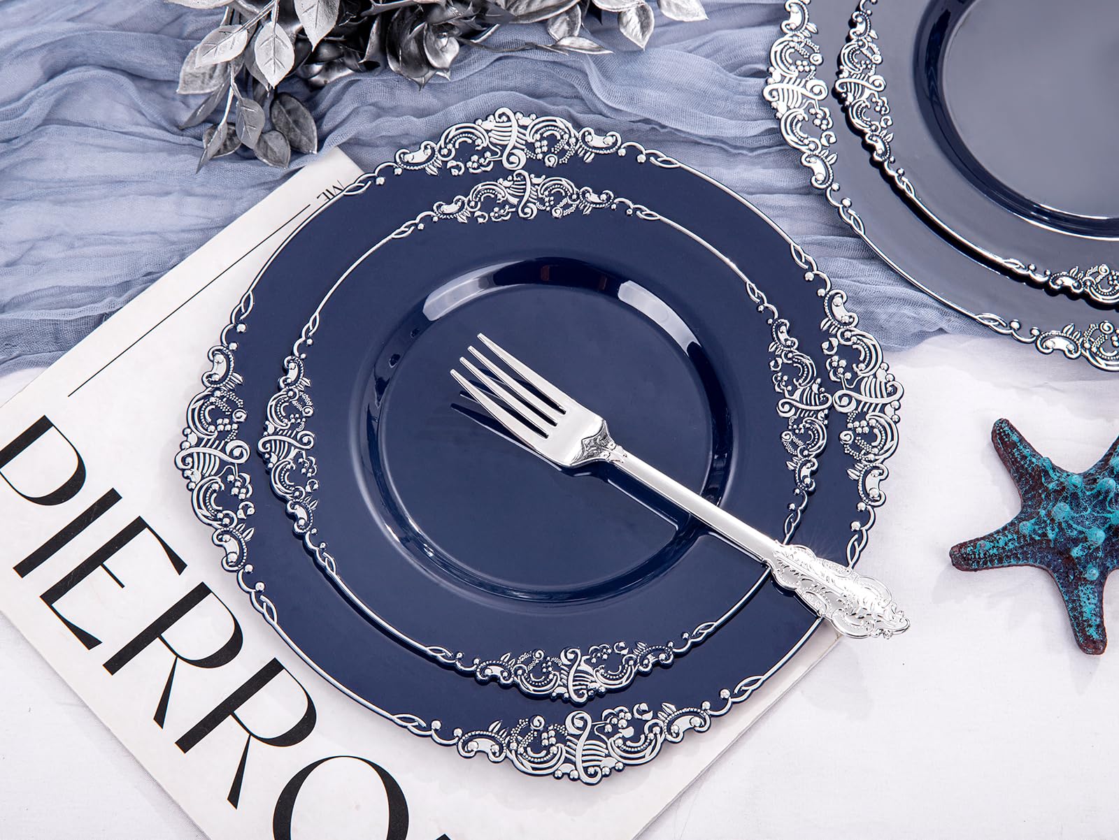 Hioasis 175pcs Blue Plastic Plates - Blue and Silver Plastic Plates Disposable Include 25 Dinner Plates,25 Dessert Plates,25 Knives,25 Forks,25 Spoons,25 Napkins Perfect for Wedding & Parties
